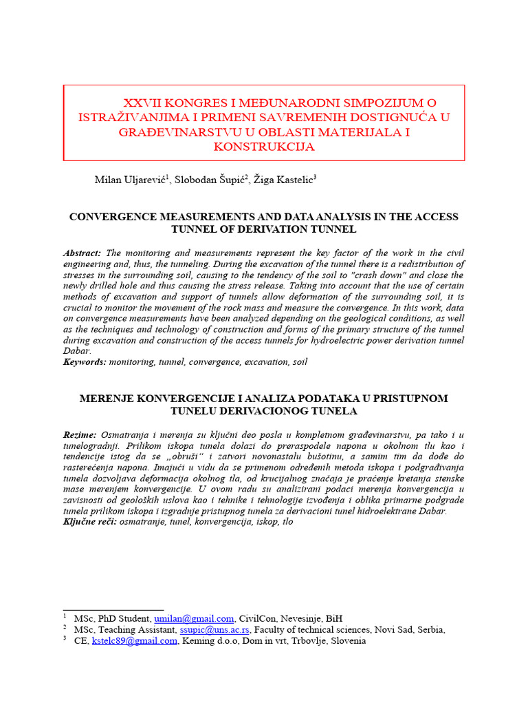 Uljarević - CONVERGENCE MEASUREMENTS AND DATA ANALYSIS IN THE ACCESS TUNNEL OF DERIVATION TUNNEL ...