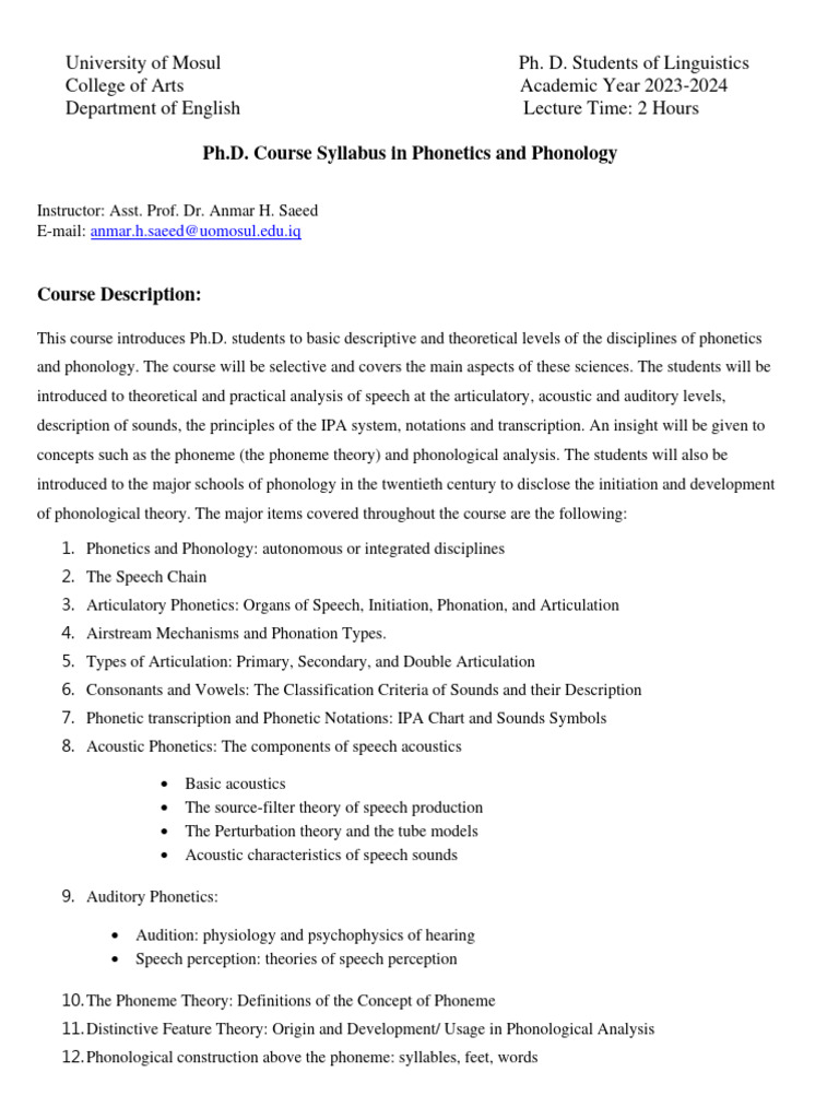 Ph.D. Course Syllabus in Phonetics 0 Phonology 2022 | PDF