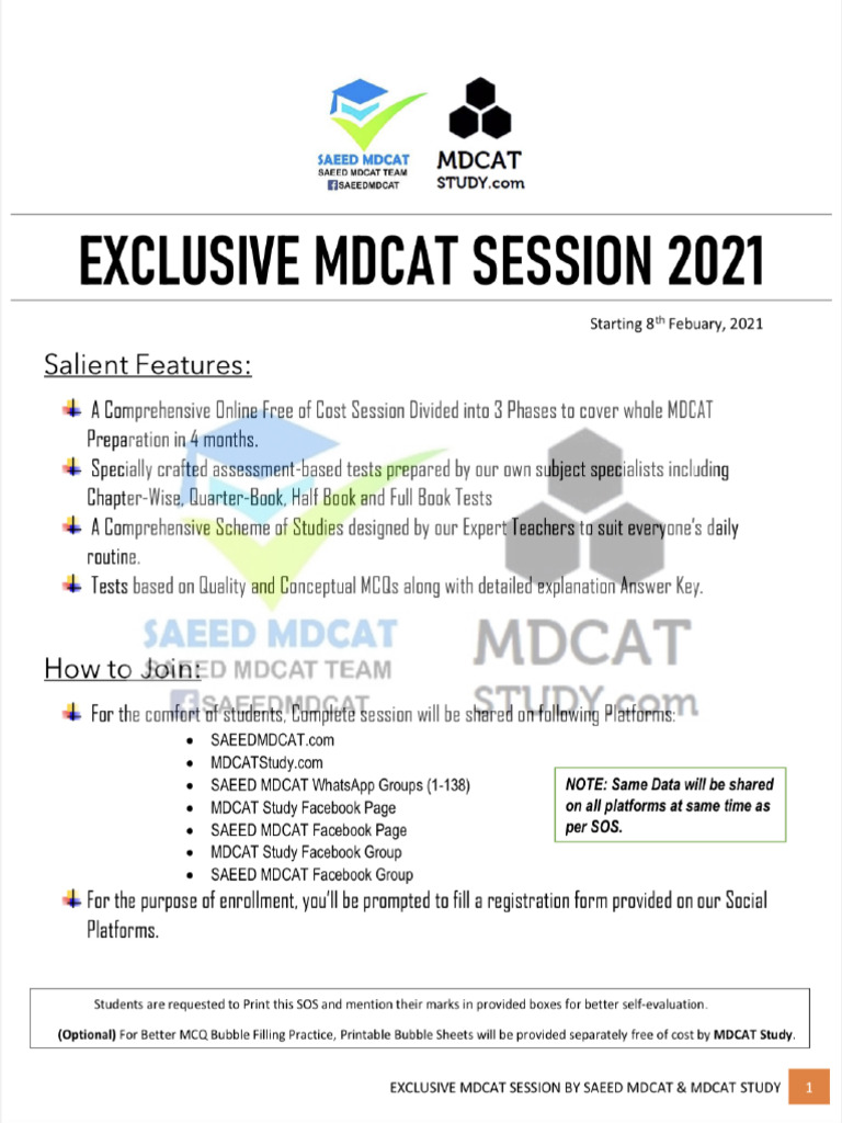 EXCLUSIVE MDCAT SESSION 2021 (By Saeed MDCAT & MDCAT Study) | PDF