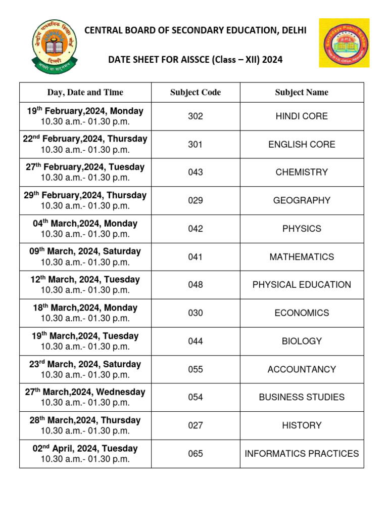 DATE SHEET Cbse Class XII 2023-24 | PDF