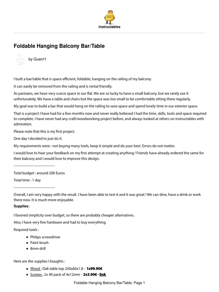 Foldable Hanging Balcony BarTable | PDF | Screw | Manufactured Goods