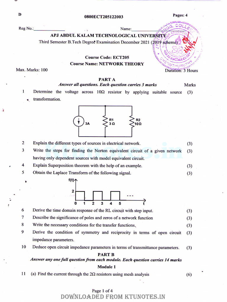 Ect205 Network Theory, December 2021 | PDF | Electrical Network | Electrical Impedance