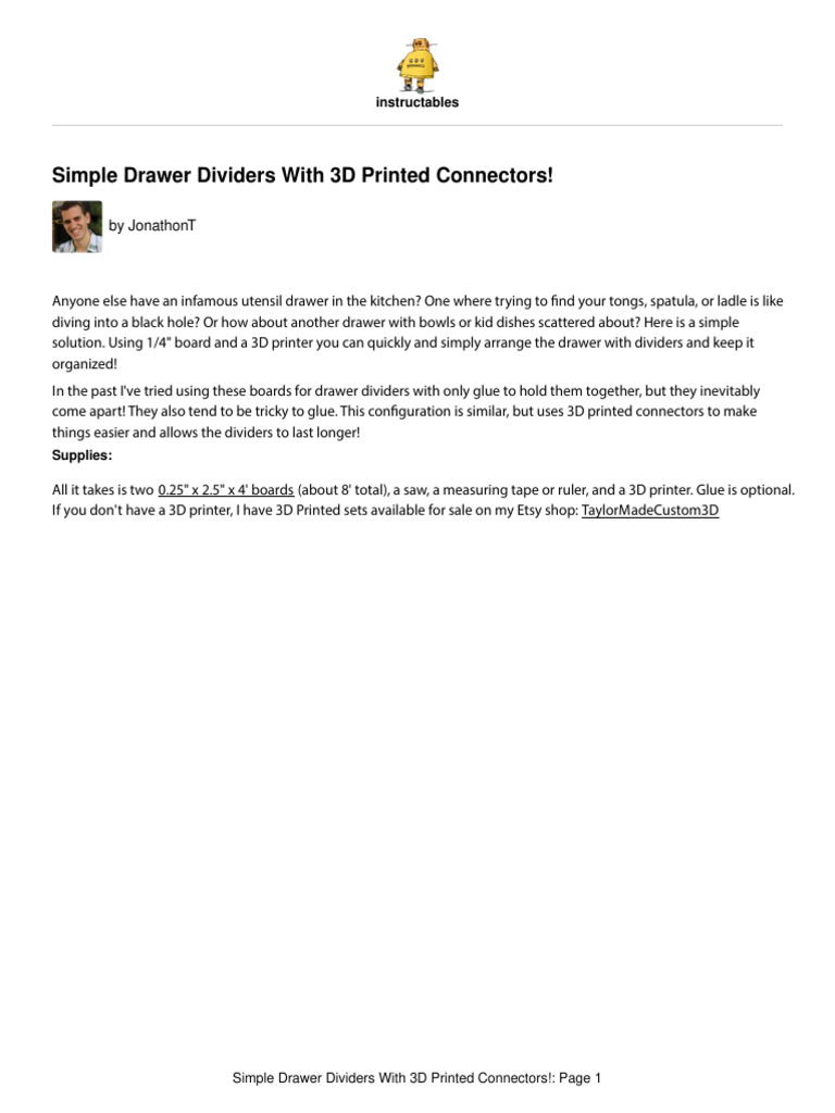 Simple Drawer Dividers With 3D Printed Connectors | PDF | Drawing | 3 D ...