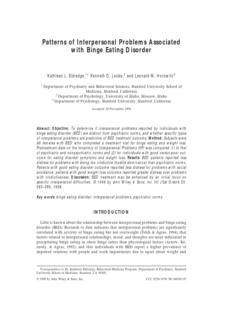 Patterns of Interpersonal Problems Associated With Binge Eating Disorder. Eldredge, K. L., Locke ...
