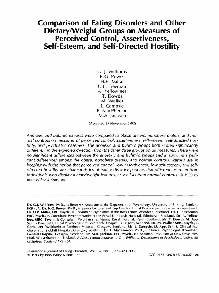 Comparison of Eating Disorders and Other Dietary Weight Groups On Measures of Perceived Control ...