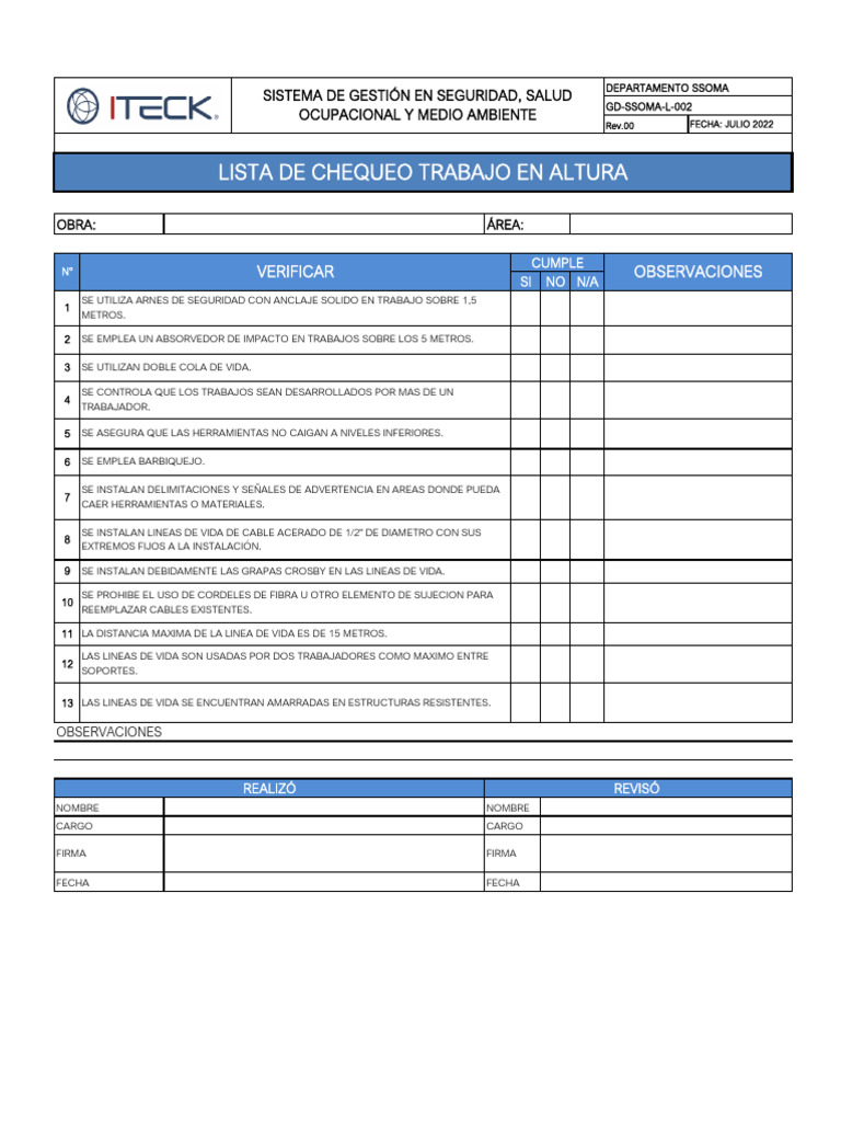GD-SSOMA-L-002 - Lista de Chequeo Trabajo en Altura | PDF