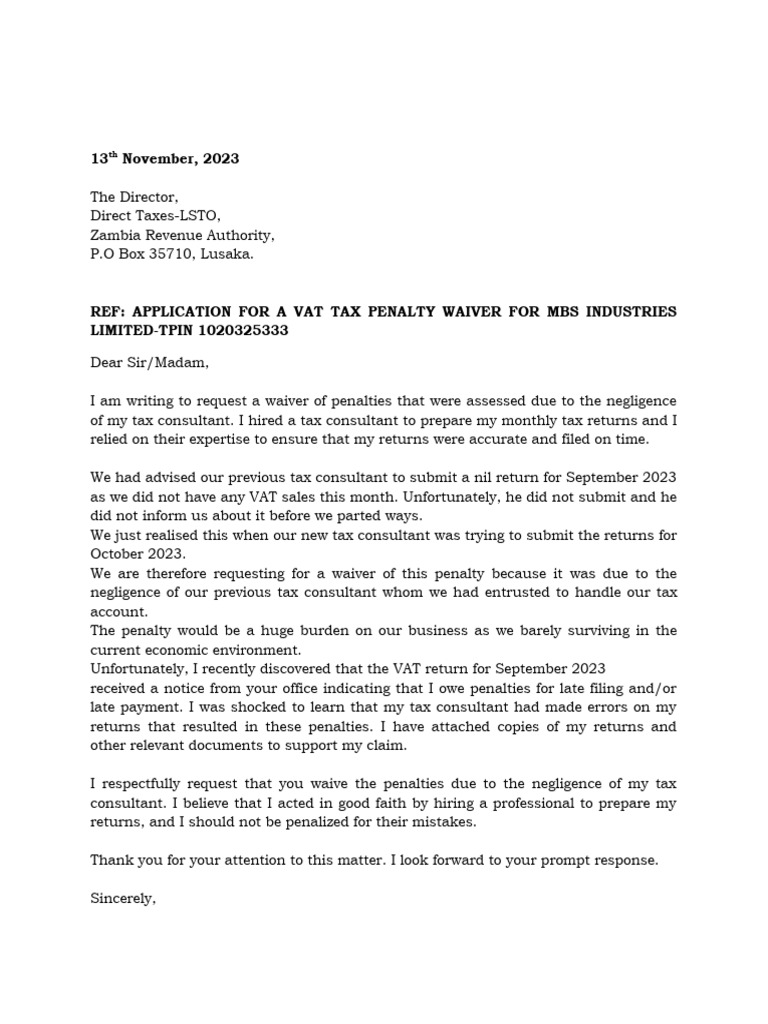Penalty Waiver Letter Amended | PDF