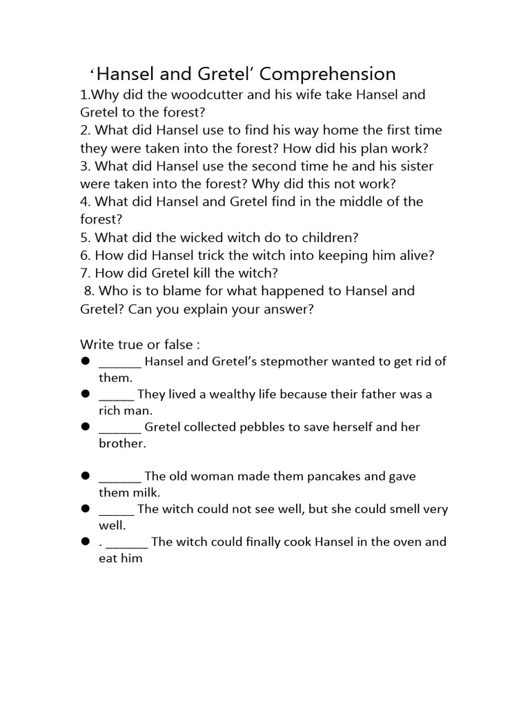 Hansel and Gretel Comprehension Questions | PDF | Mystery, Thriller ...