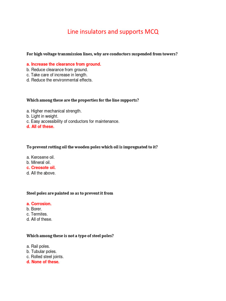 Line Insulators and Supports MCQ Guide | PDF | Insulator (Electricity ...