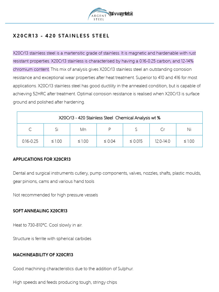 X20Cr13 Data | PDF | Stainless Steel | Heat Treating