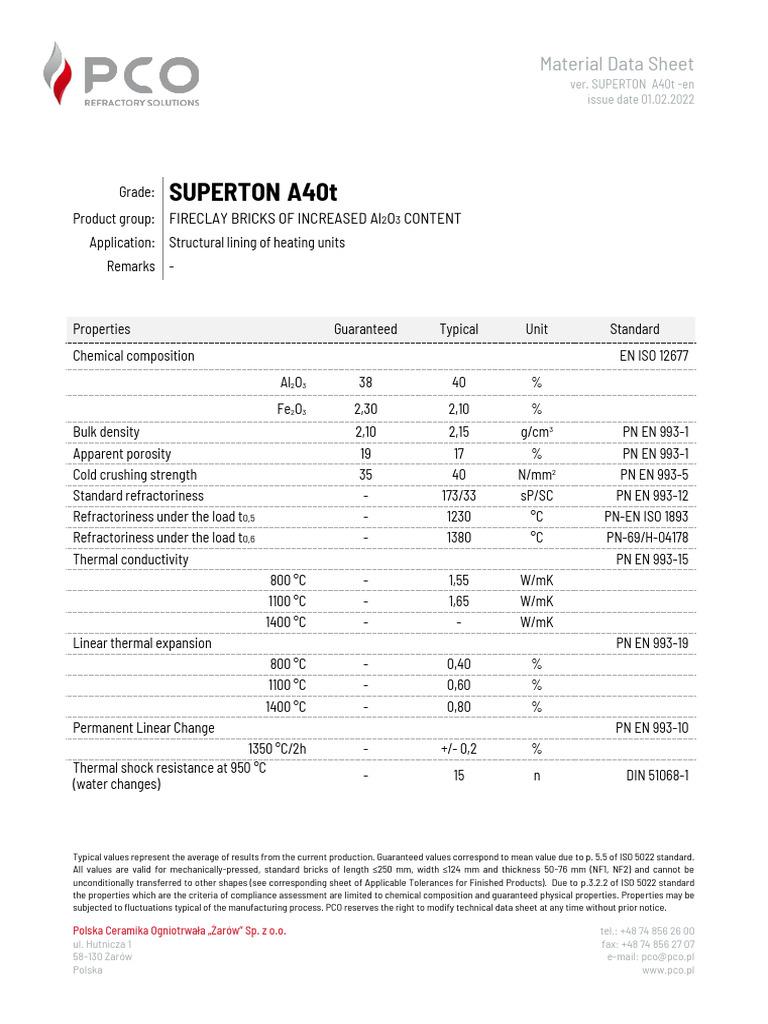 Fireclay Brick Data Sheet A40t | PDF | Chemistry | Physical Sciences