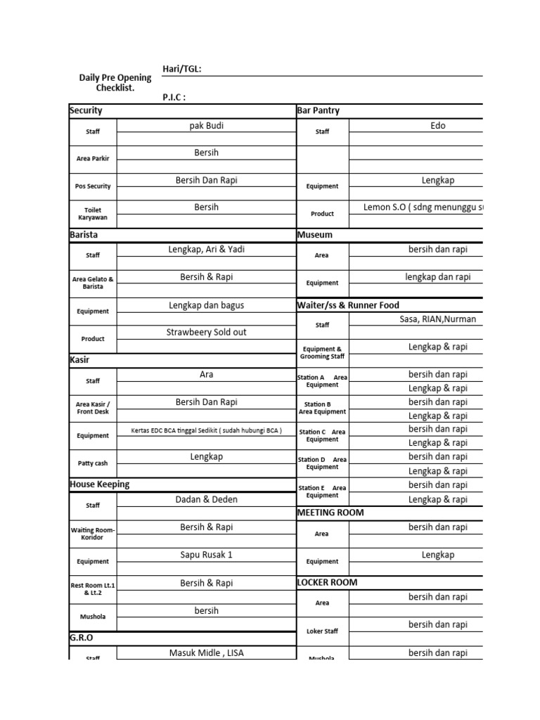 Daily Checklist Pre Operational | PDF