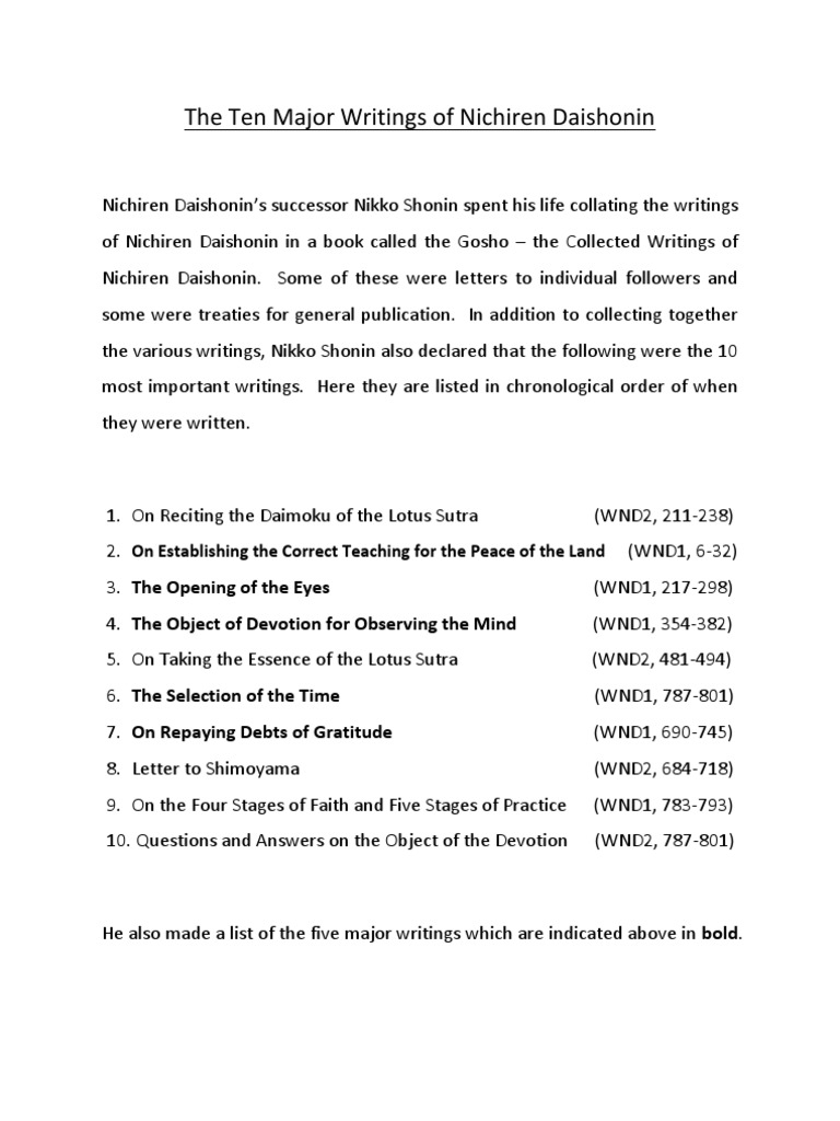 The Ten Major Writings of Nichiren Daishonin | PDF | Nichiren | Mahayana