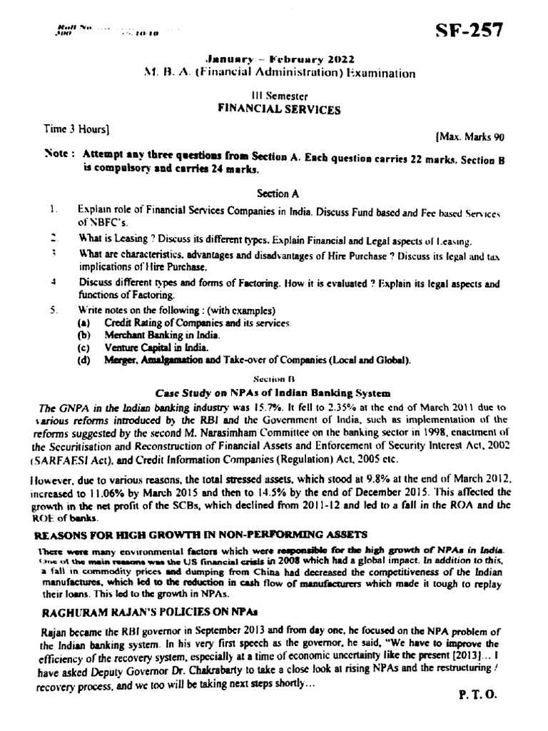 Mba 3 Sem Fa Financial Services SF 257 Feb 2022 | PDF