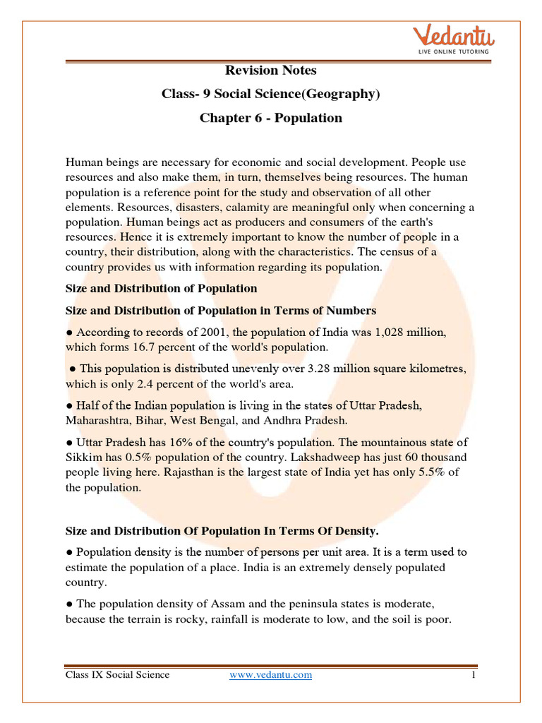 Population Class 9 Notes CBSE Geography Chapter 6 PDF | PDF | Health ...