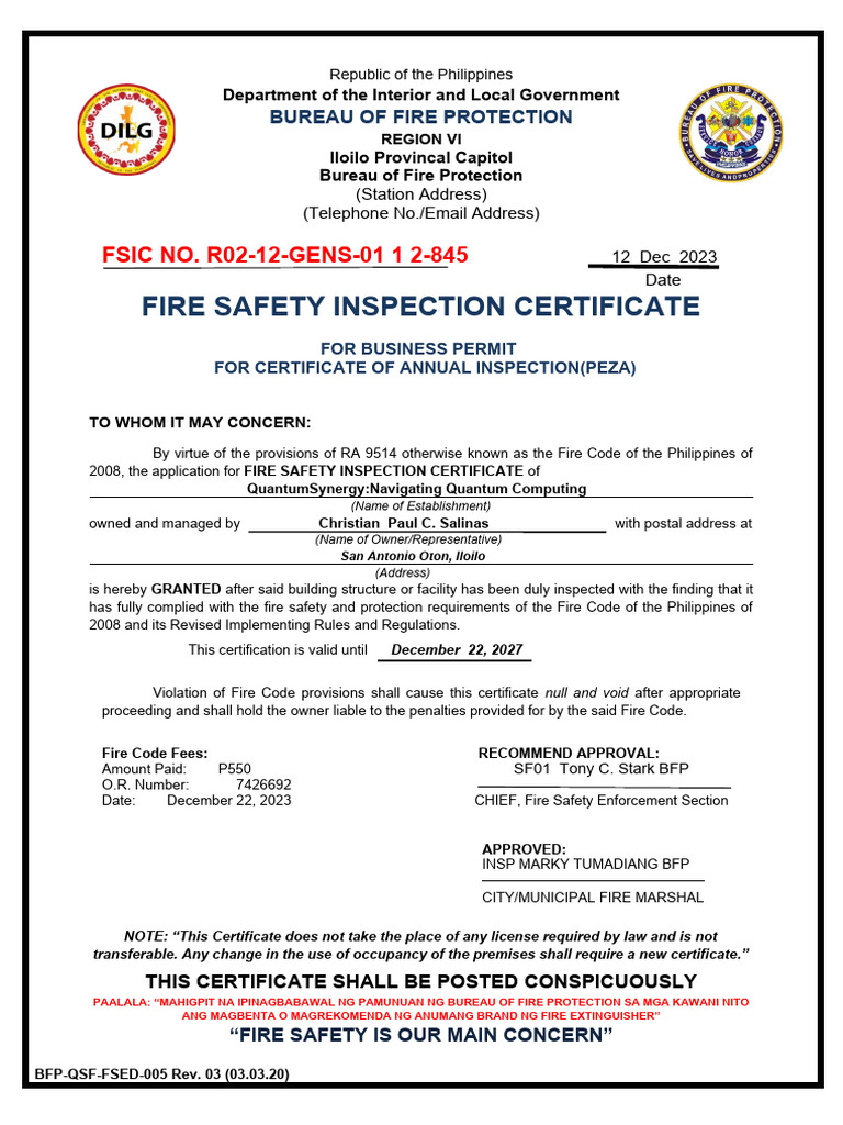 FSED 5F FSIC For New Business Permit REV 3 Applicant - Owners Copy ...