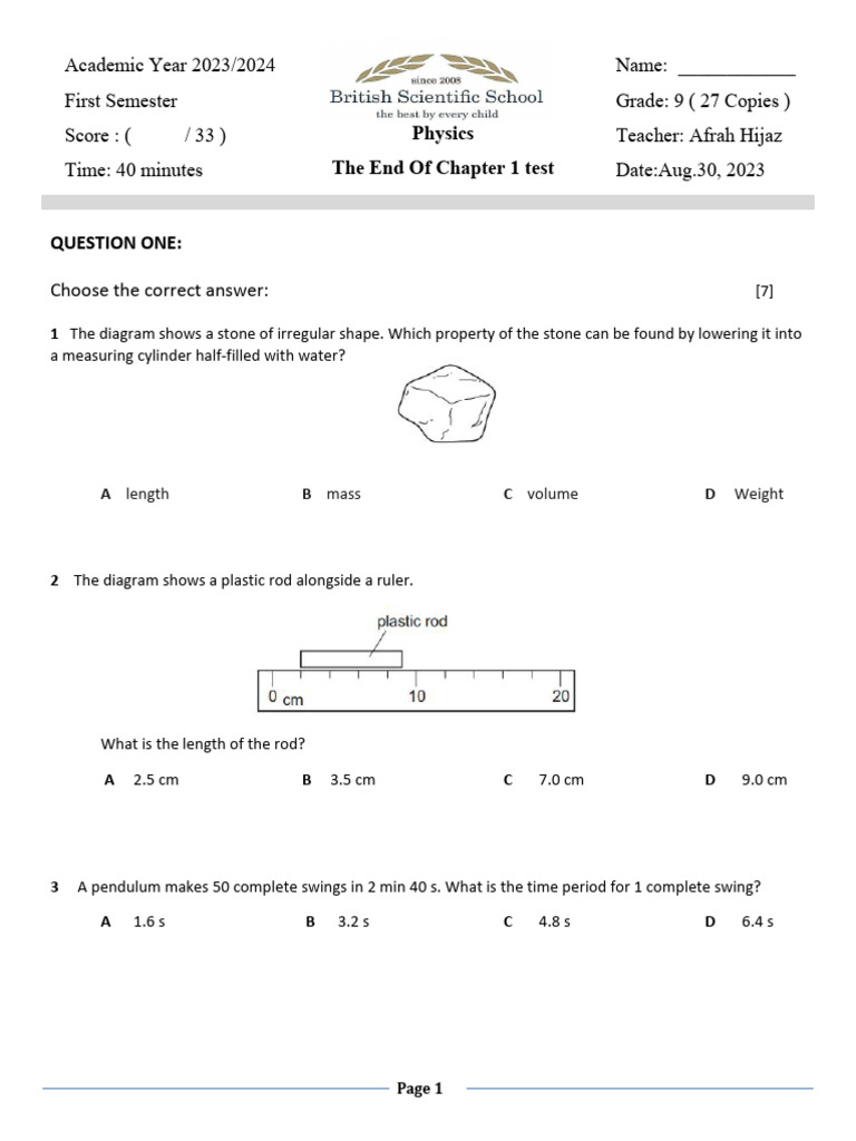 Grade 9 Physics Chapter 1 Test | PDF | Density | Metrology