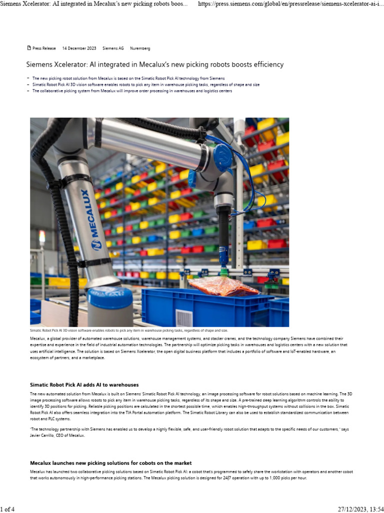 Siemens Xcelerator AI Integrated in Mecalux's New Picking Robots Boosts Effciency Press Company ...