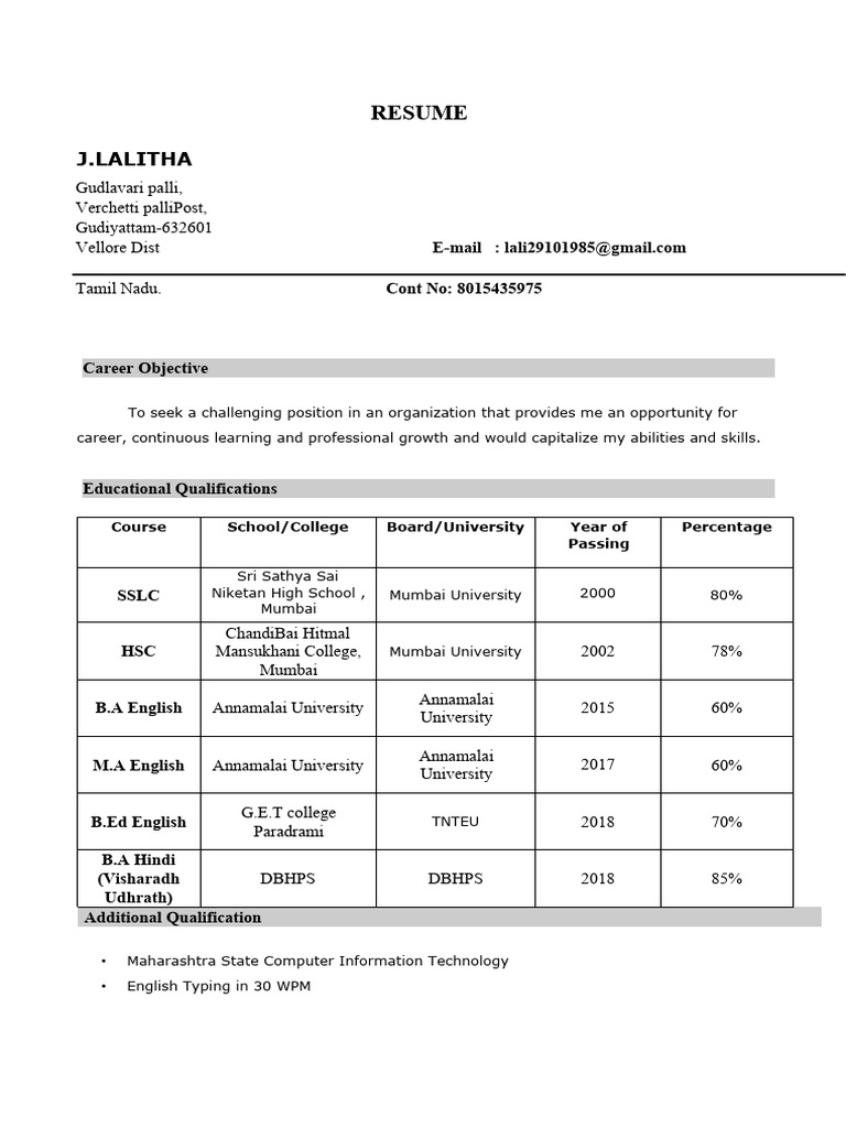Lalitha Resume | PDF | Learning | Cognition