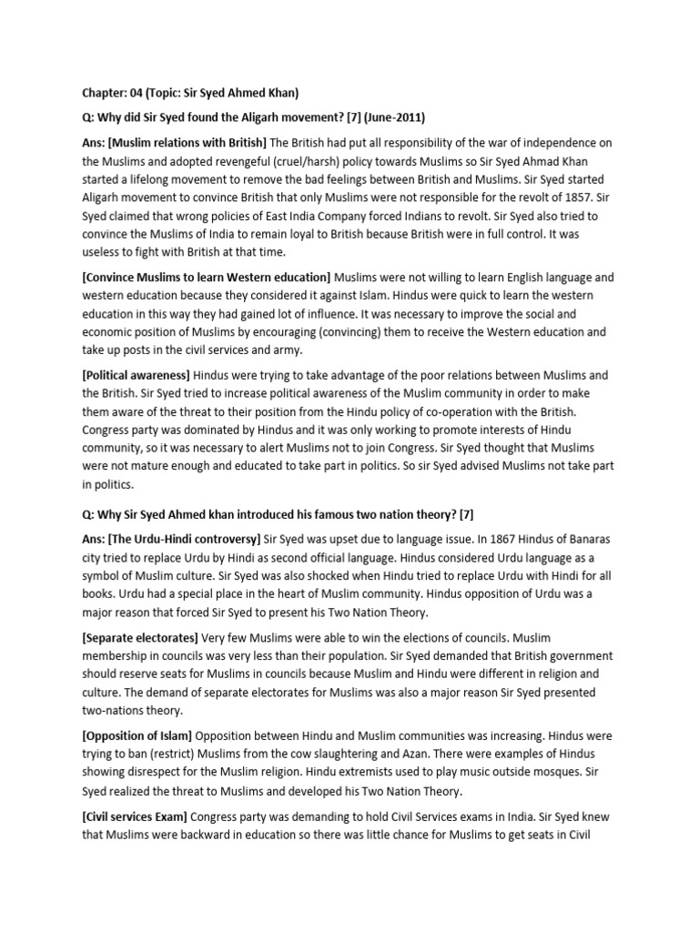 Sir Syed Ahmad Khan CH# 04 | PDF | Two Nation Theory | British Raj