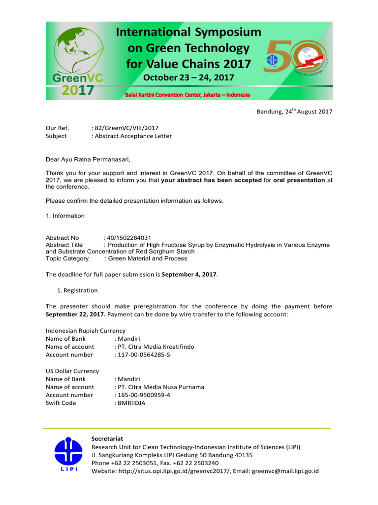 Abstract Acceptance Letter | PDF