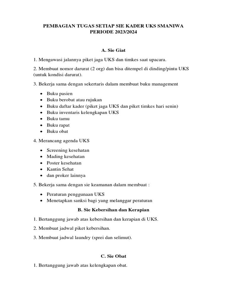 Pembagian Tugas Setiap Sie UKS 2023-2024 | PDF | Pengembangan Diri | Kesehatan Holistik