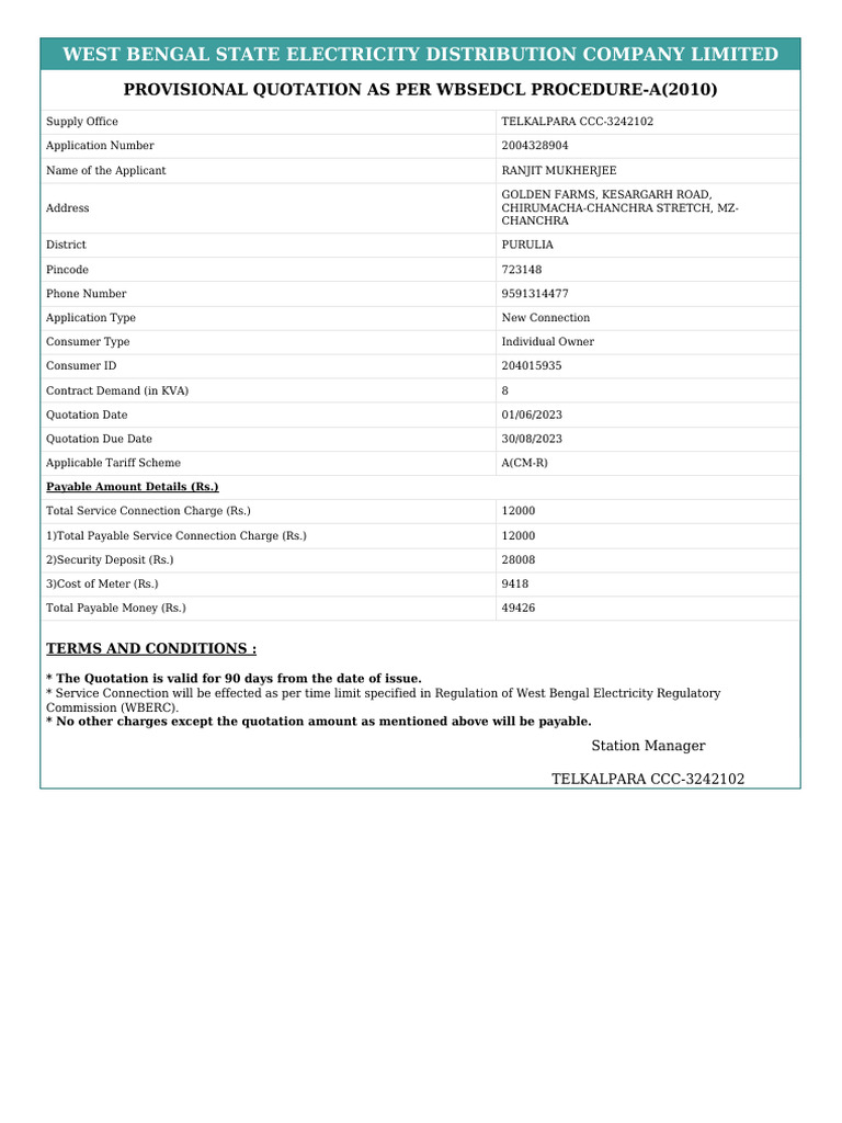 WBSEDCL Provisional Quotation Details | PDF | Power (Physics ...