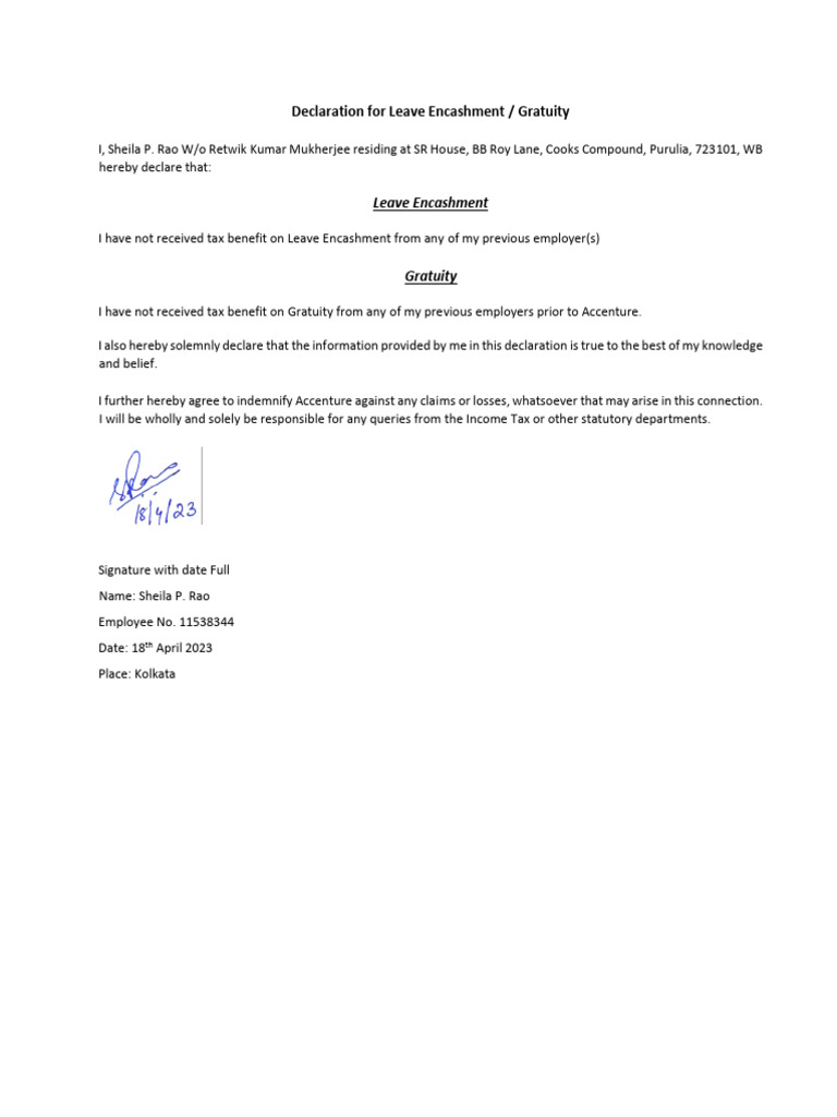 Declaration Leave Encashment Gratuity | PDF