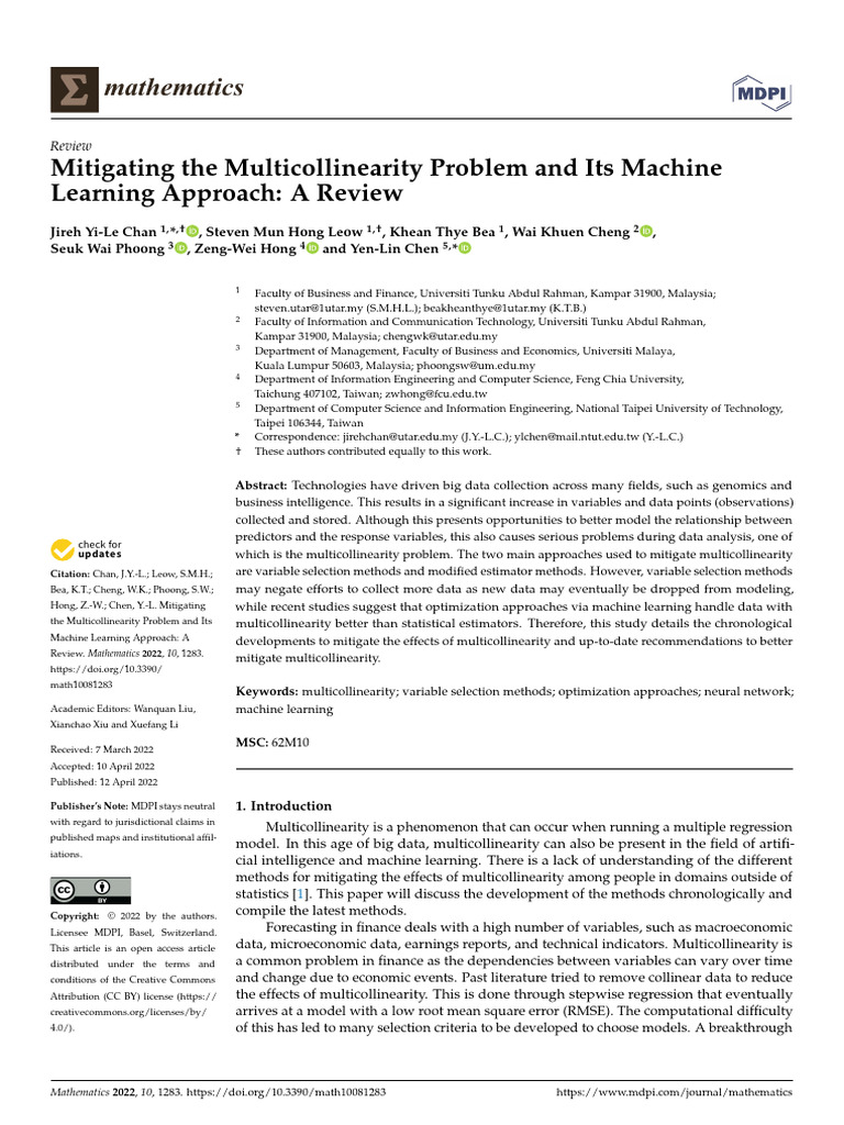 Mathematics 10 01283 | PDF | Multicollinearity | Principal Component Analysis