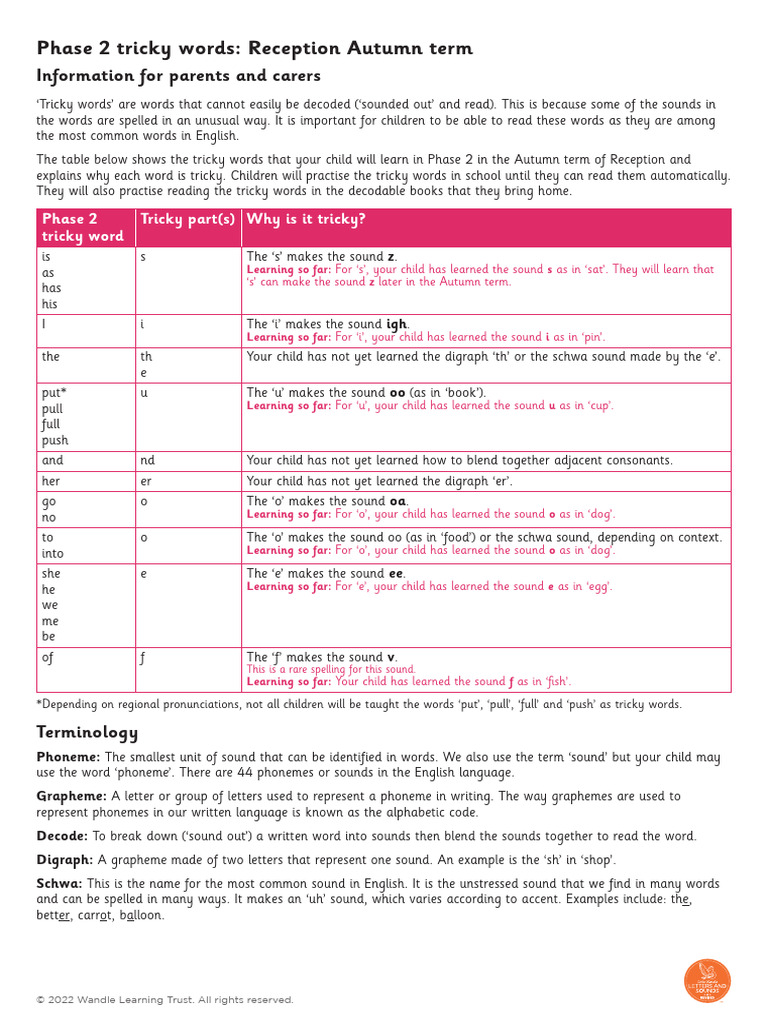 Phase 2 Tricky Words for Reception | PDF | Phoneme | Notation