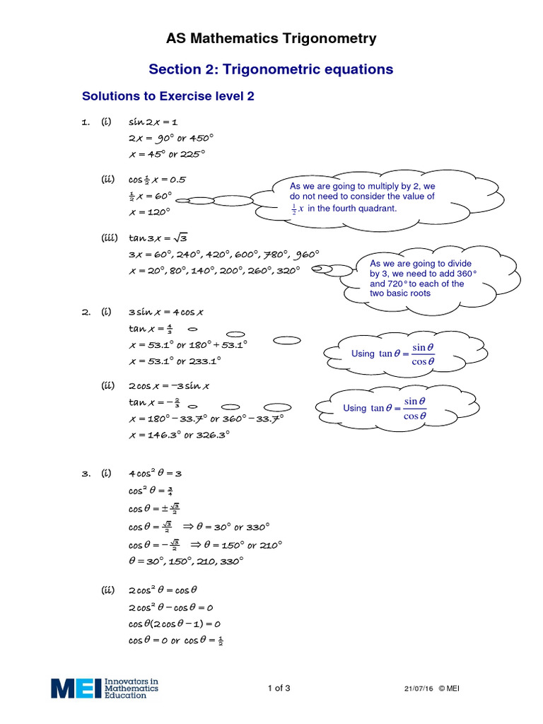 Trigonometric Equations Level 2 Solutions | PDF | Trigonometry | Geometry