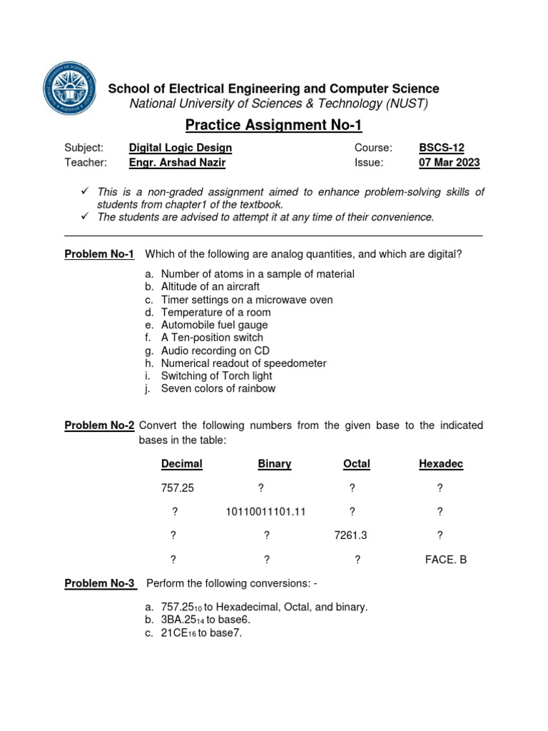 Practice Assignment No-1 Spring 2023 | PDF | Subtraction | Binary Coded Decimal