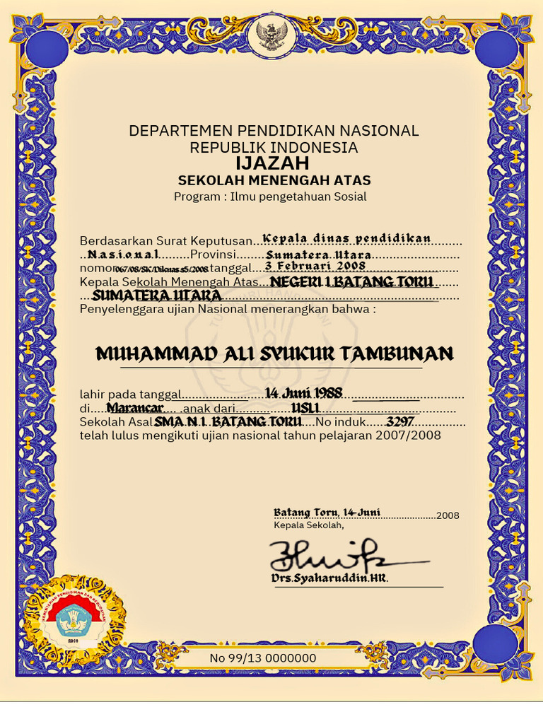 Ijazah: Muhammad Ali Syukur Tambunan | PDF
