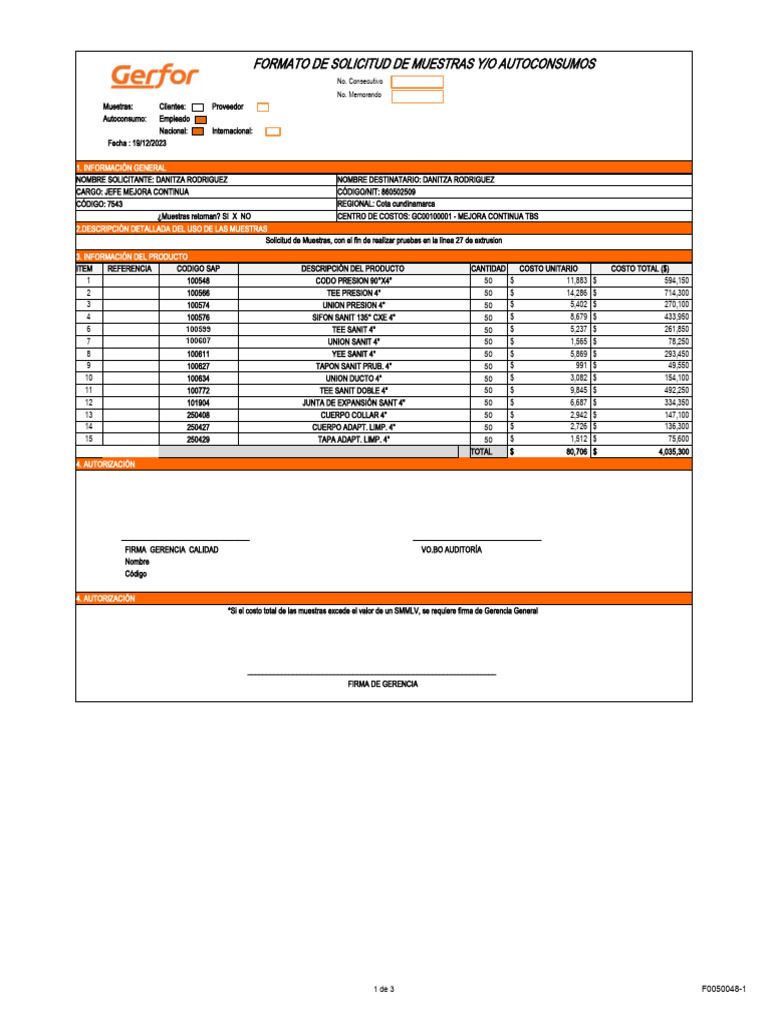Formato Muestras Planta. | PDF