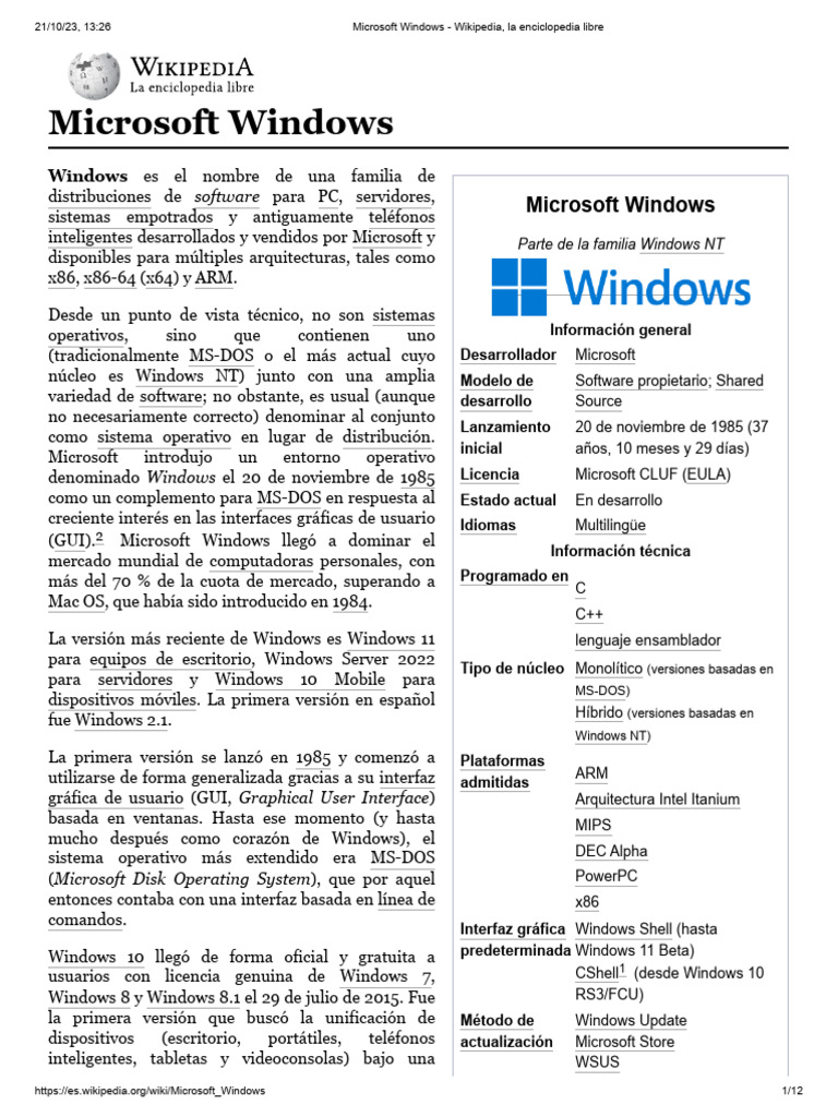 Microsoft Windows - Wikipedia, La Enciclopedia Libre | PDF