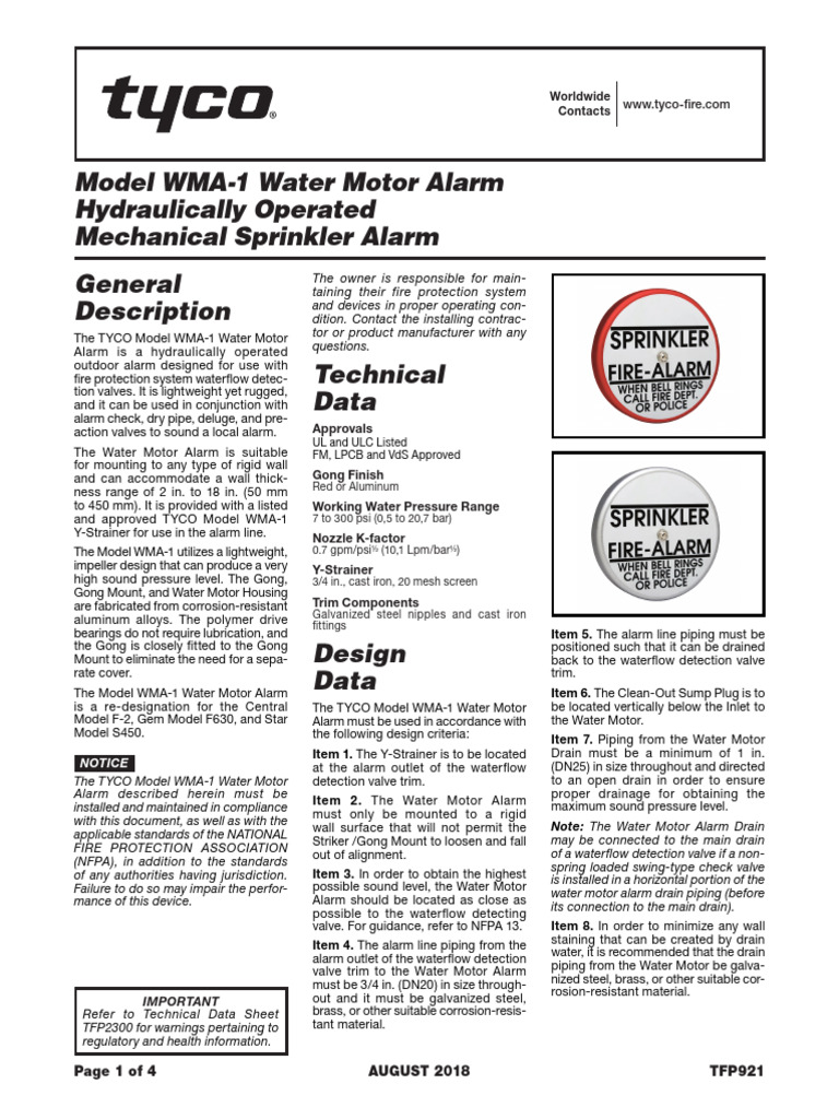 Datasheet Tyco Wma-1 Water-Motor-Alarm-Gong tfp921 08 2018 | PDF ...