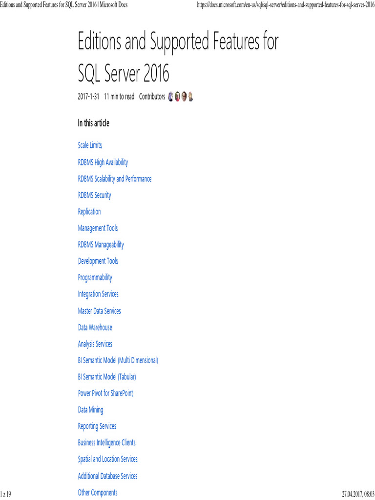 Features Supported by The Editions of SQL Server 2016 - SP1 | PDF