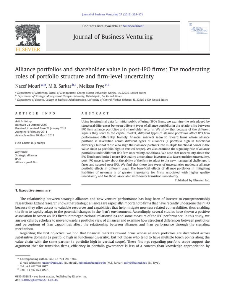 Alliance Portfolios and Shareholder Value in post-IPO Firms The ...