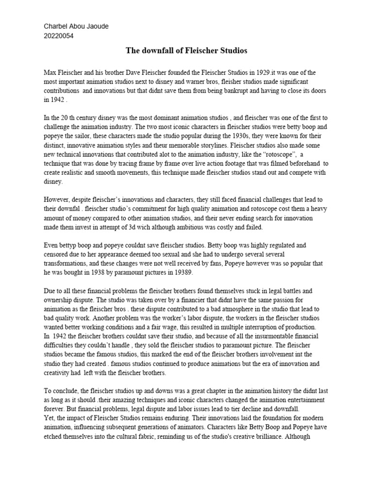 AbouJaoude Charbel, The Downfall of Fleischer Studios (19th) | PDF | Animation