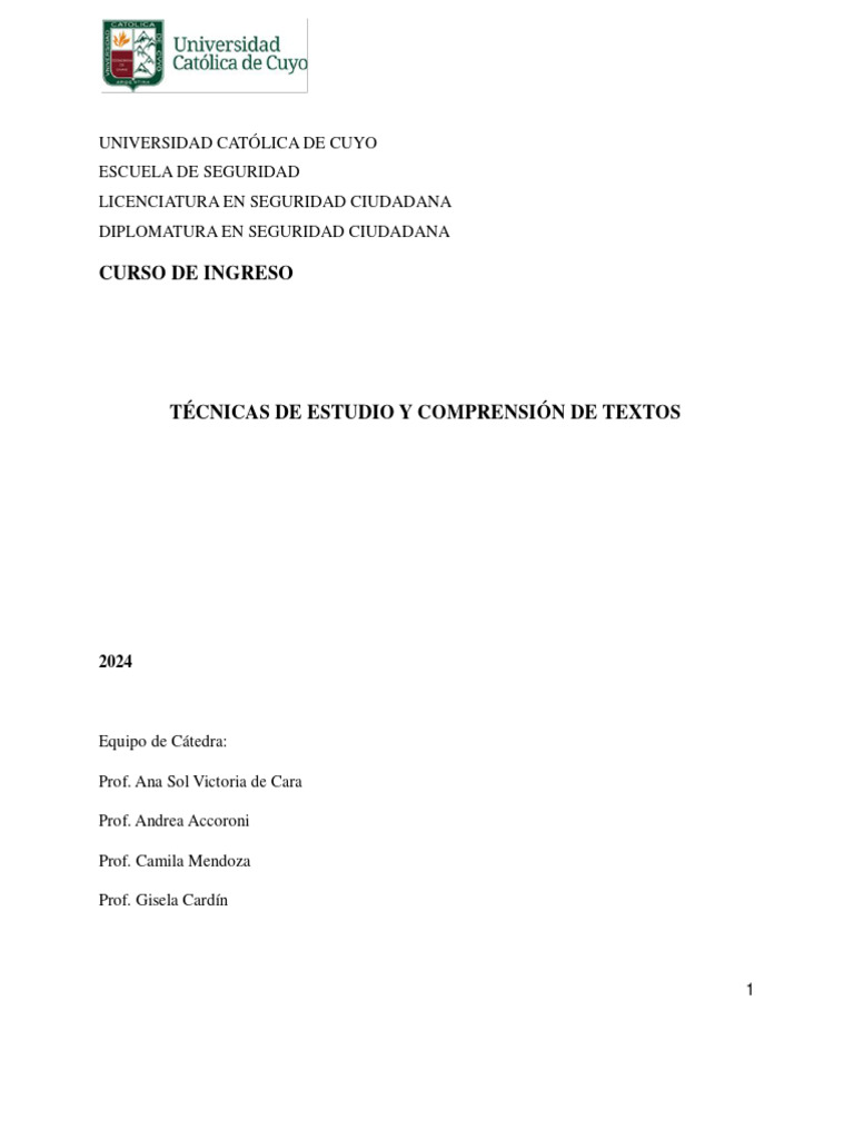 Técnicas de Estudio y Comprensión de Textos - Cuadernillo de Ingreso 2024 | PDF
