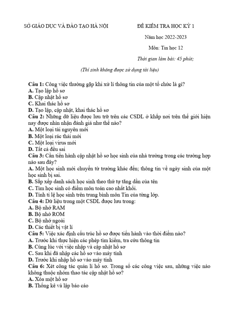 Kiem Tra 1 Tiet | PDF