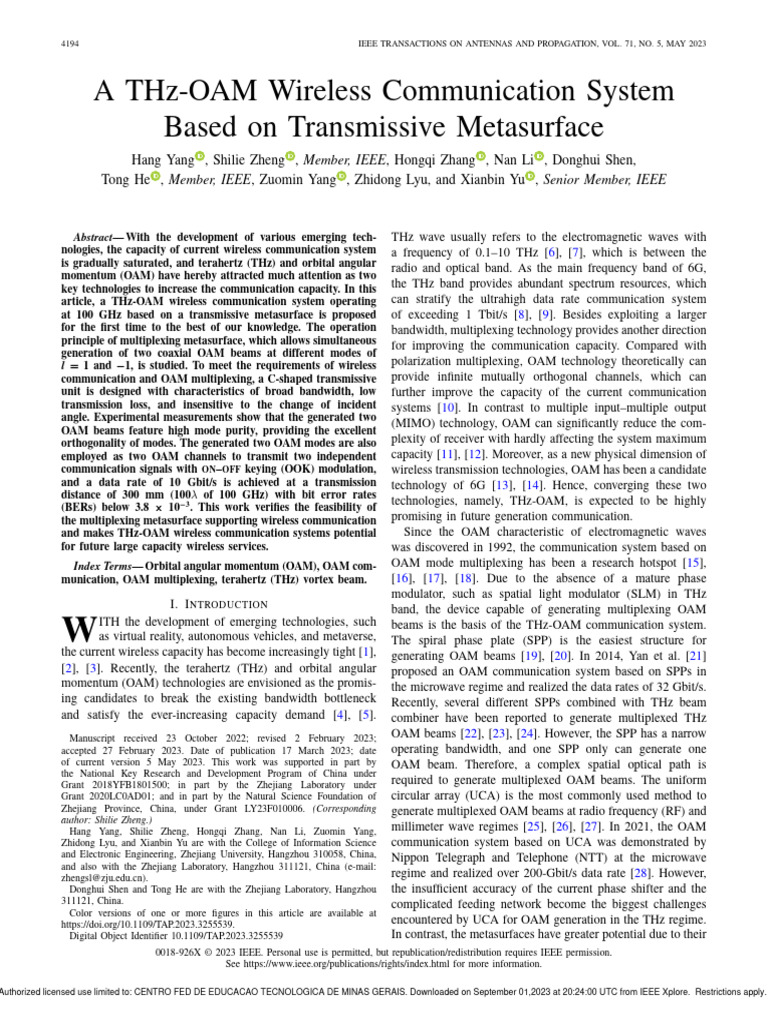 A THz-OAM Wireless Communication System Based On Transmissive Metasurface | PDF | Multiplexing ...