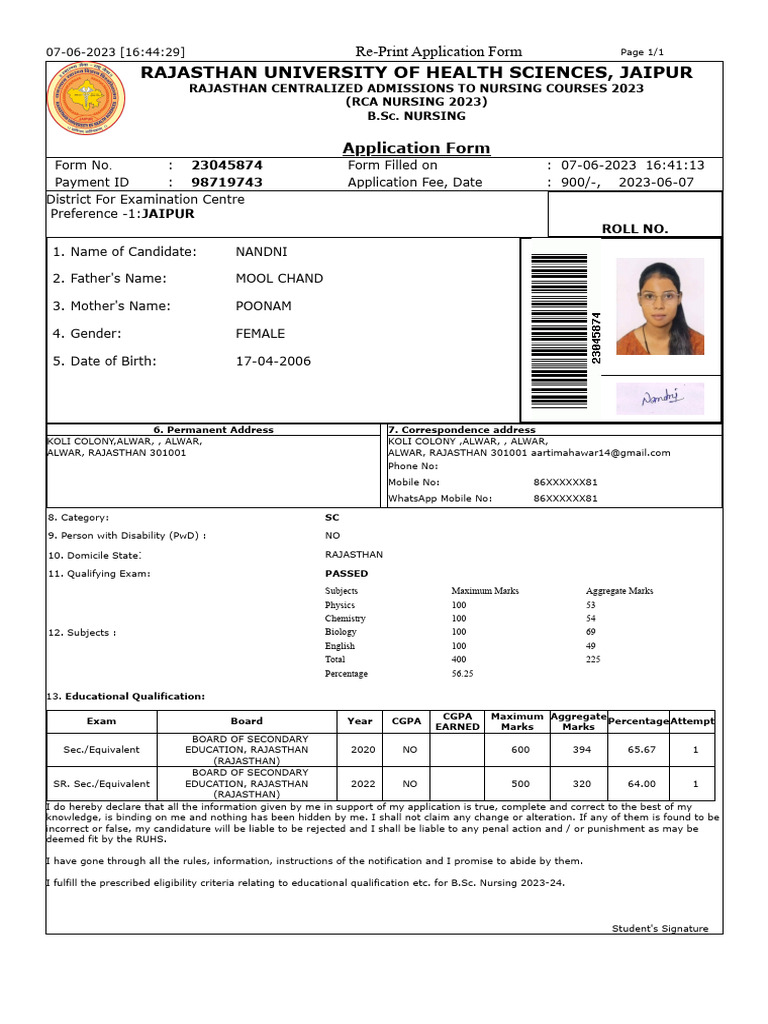 BSC Form | PDF | Nursing