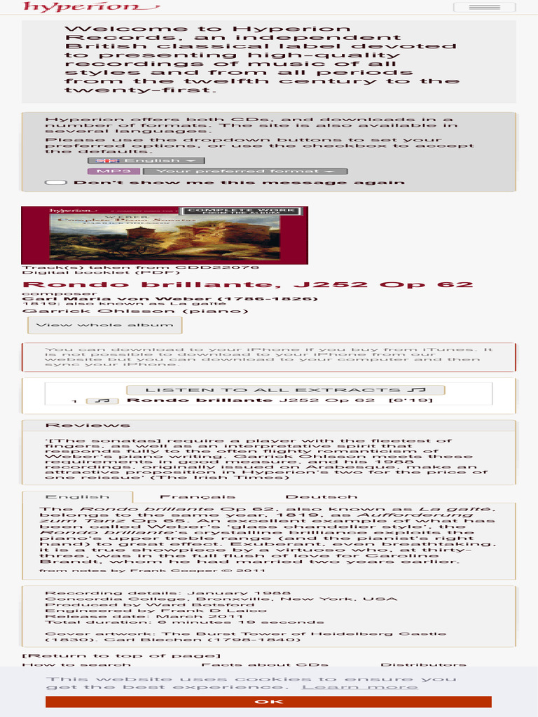 Rondo Brillante, J252 Op 62 (Weber) - From CDD22076 - Hyperion Records - MP3 and Lossless ...