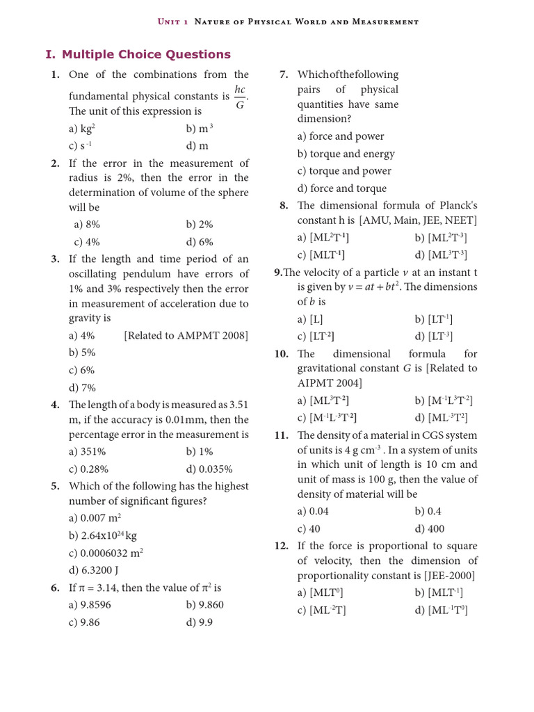 11th Physics Book Back 1 Mark Questions With Answers em 217998 | PDF