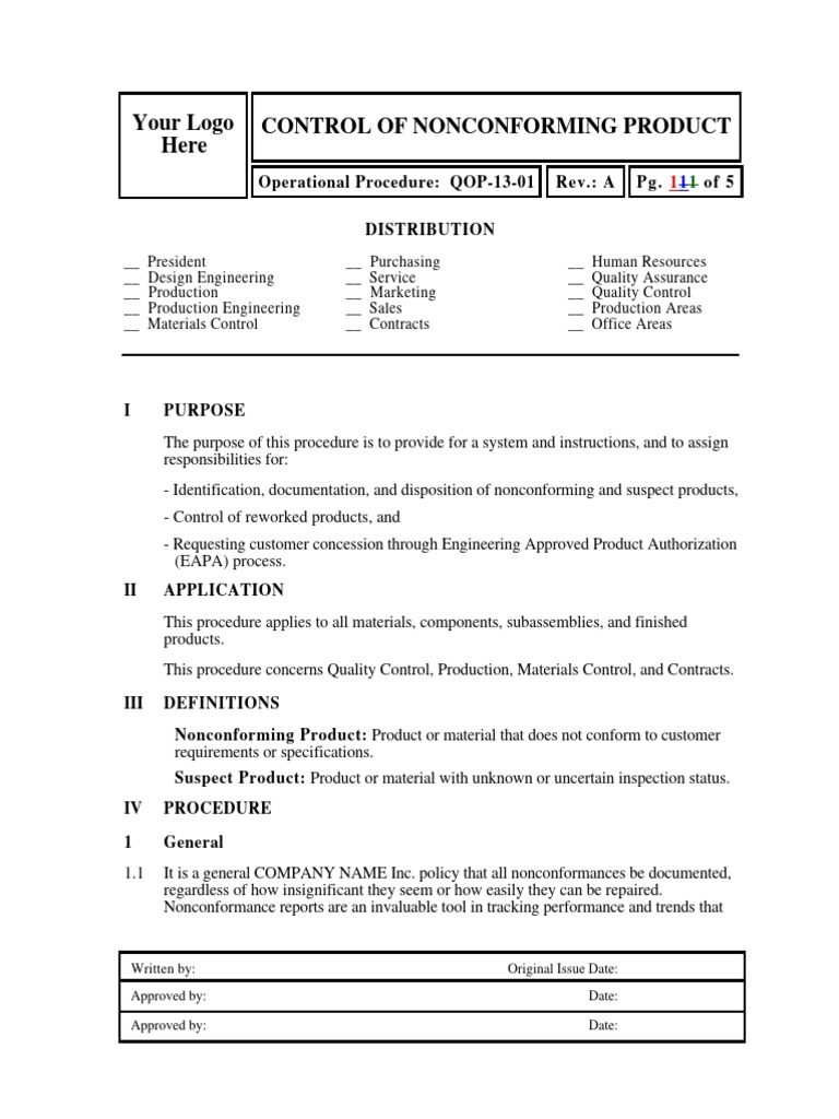Procedure For Control of Non Conforming Products PDF Free | PDF