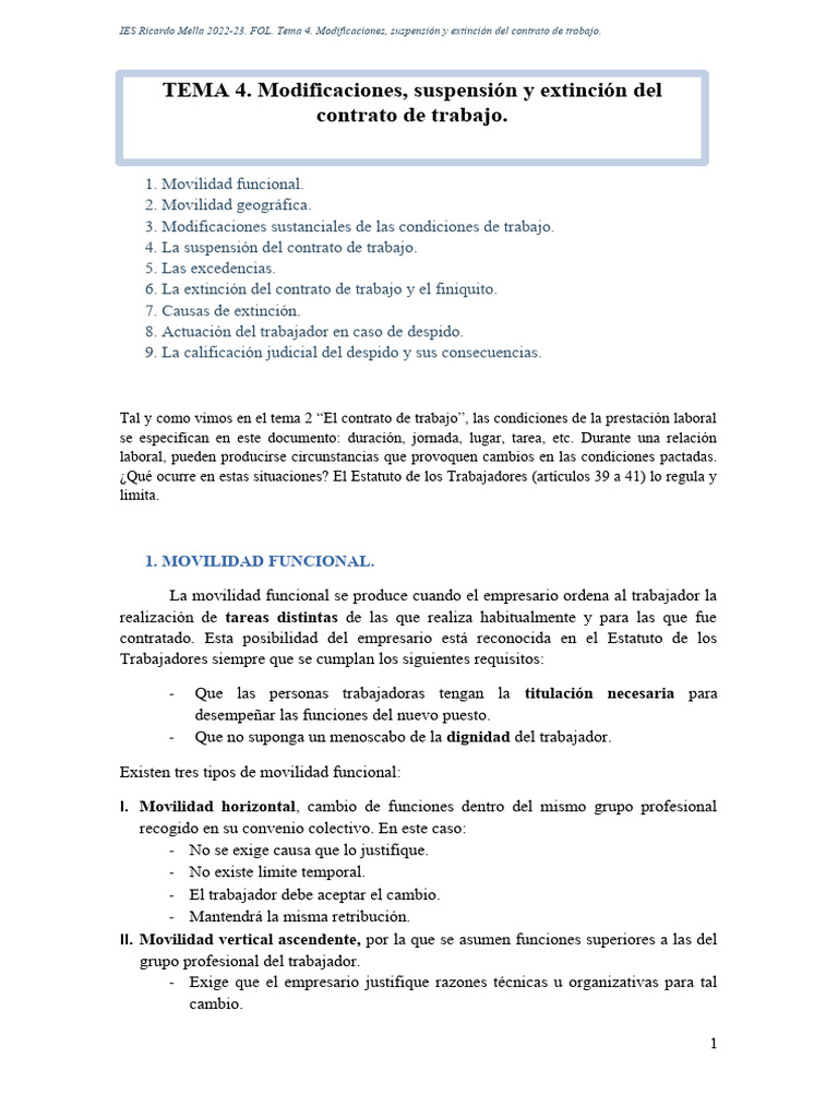 Tema 4 Modificaciones Suspensión Y Extinción Del Contrato De 7653