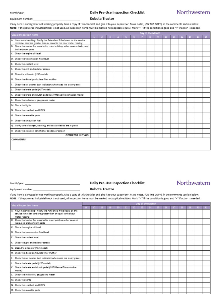 Pre Use Inspection For Kubota Tractor | PDF | Tractor | Truck