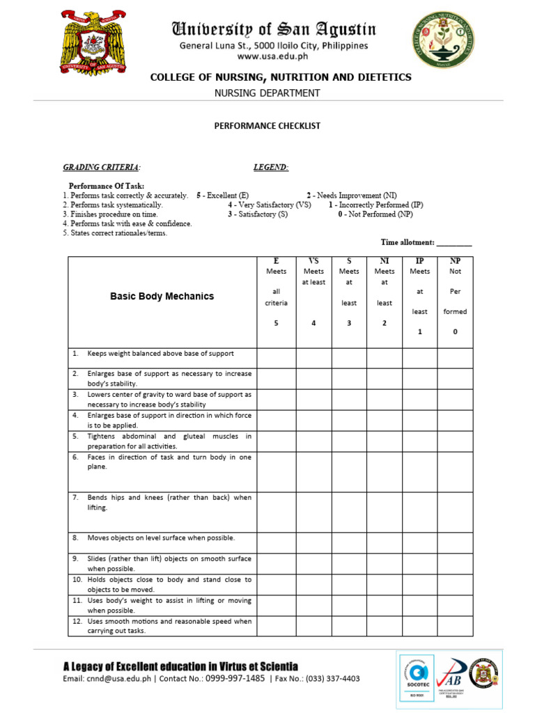 Body Mechanics Checklist | PDF
