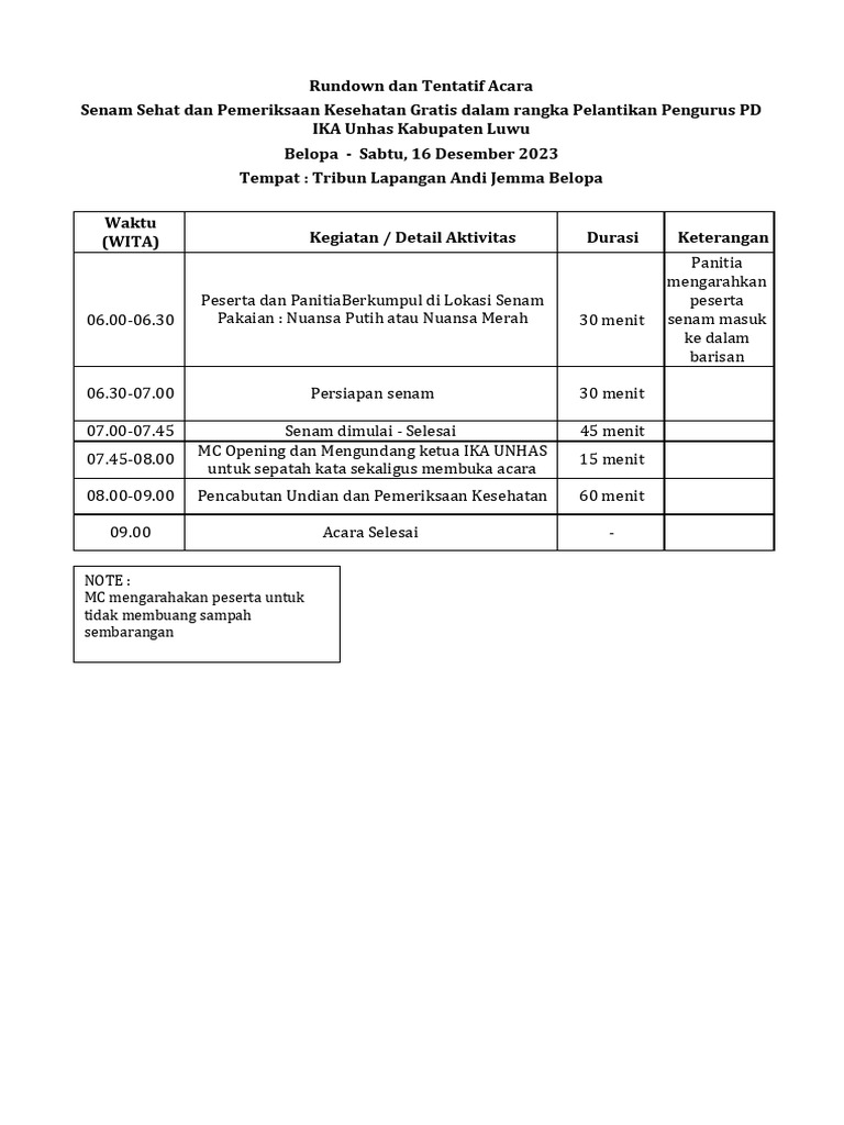 Rundown Senam Sehat Dan Pelantikan IKA-UH Luwu | PDF